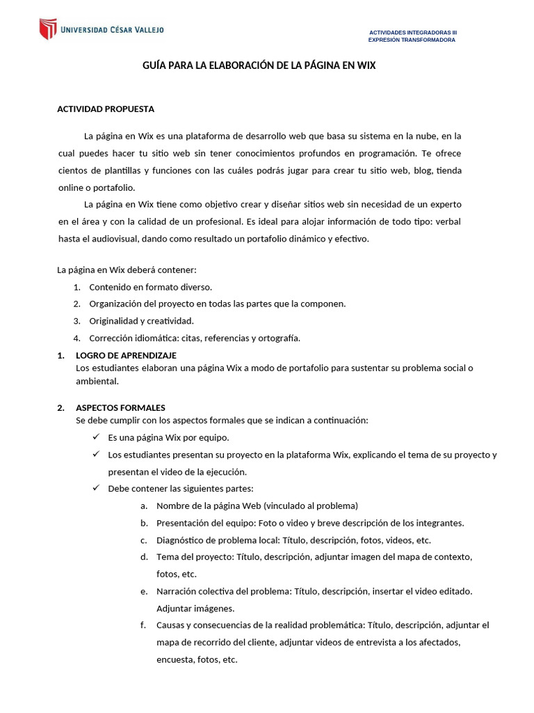 GUIA PARA LA ELABORACIÓN DE LA PÁGINA WEB EN WIX- Sesión 15 | PDF | Red ...