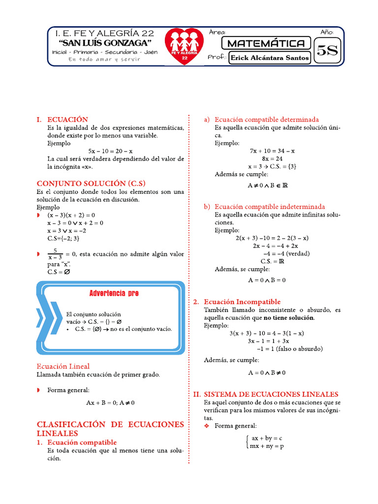 Ecuaciones - Sistemas de Ecuaciones Lineales | PDF | Matemática ...