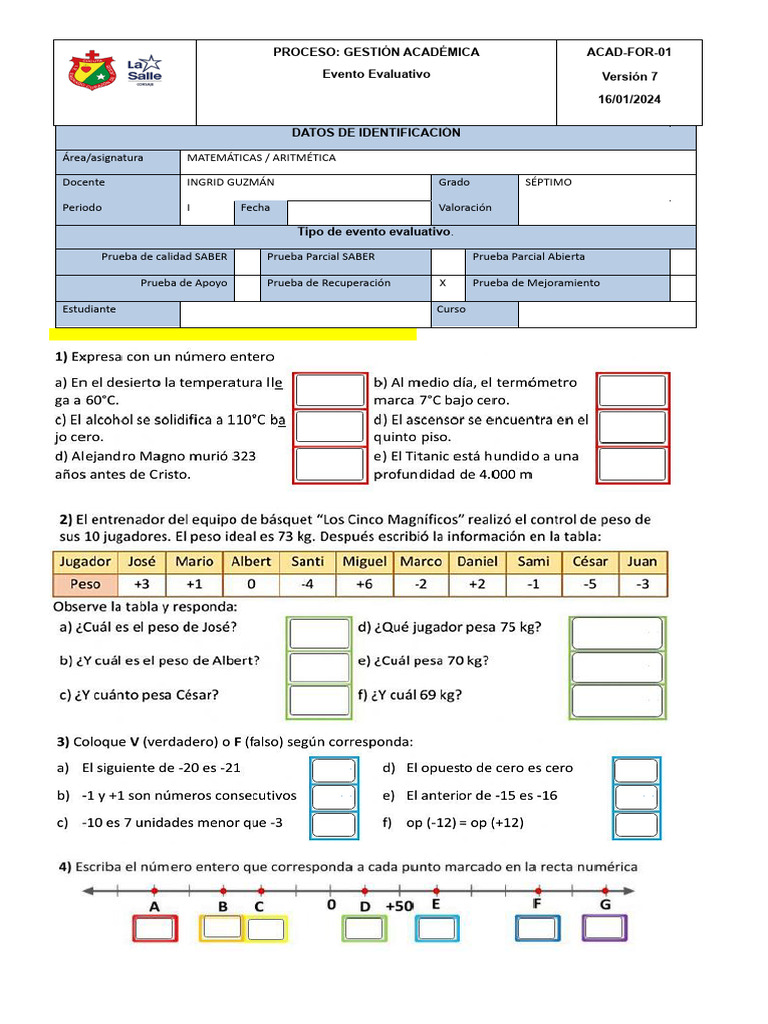 Evaluación Recuperación Aritmética 7 | PDF