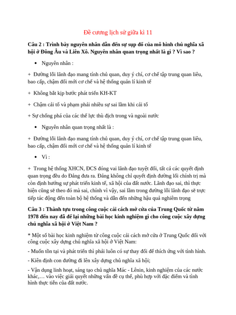 Đề Cương Lịch Sử Giữa Kì 11 | PDF