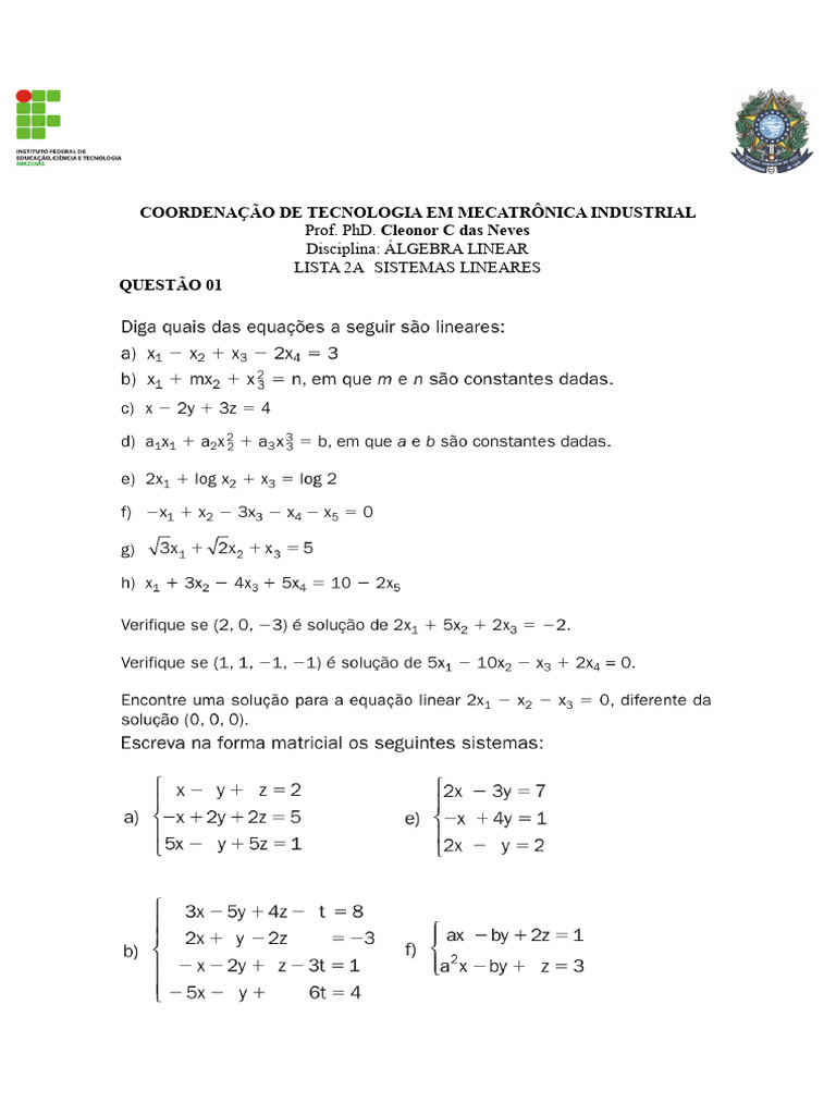 Lista5 Lgebra Linear TMI Sistemas Lineares | PDF