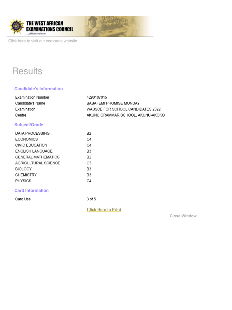 Waecdirect Online - Results | PDF