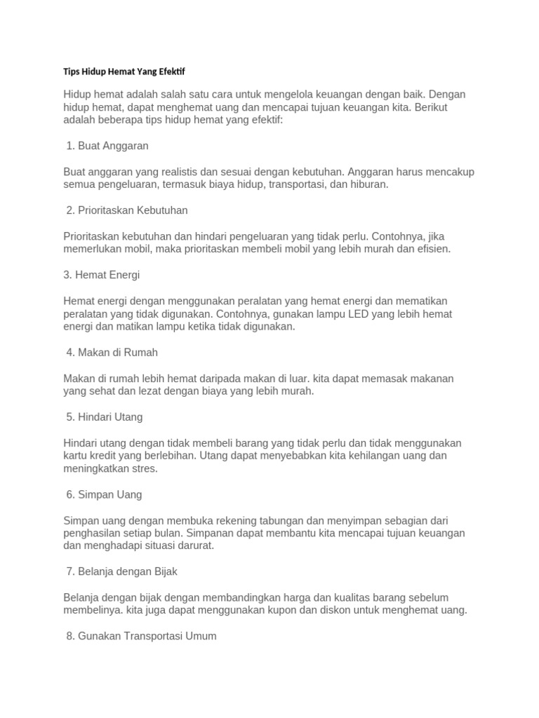 Tips Hidup Hemat Yang Efektif | PDF