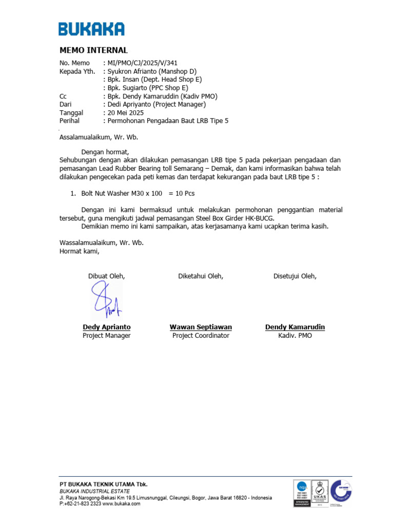 Memo Permohonan Permintaan Baut LRB Tipe 5 | PDF