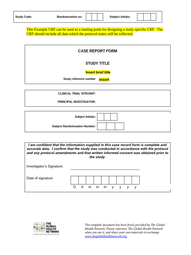 CRF Template - Generic | PDF | Blood Pressure | Clinical Medicine