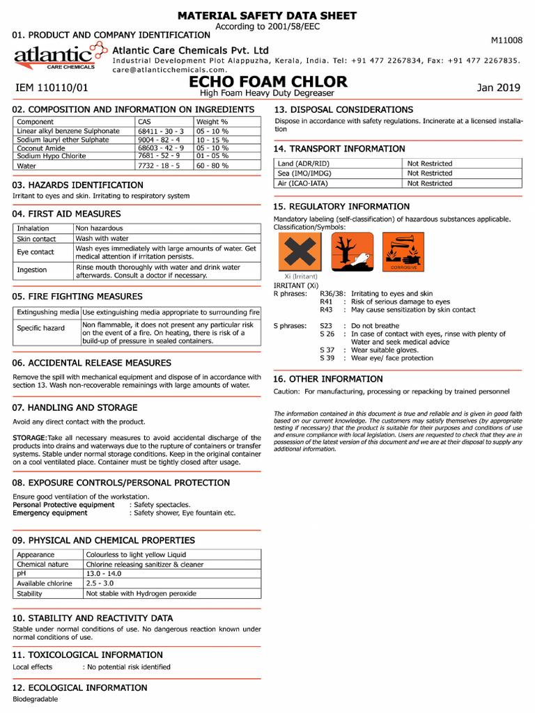 Echo Foam Chlor-Msds - 2019-2-2 | PDF