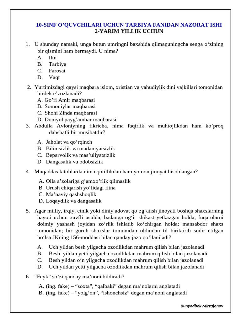 10 Sinf Tarbiya 4 Chorak Test | PDF