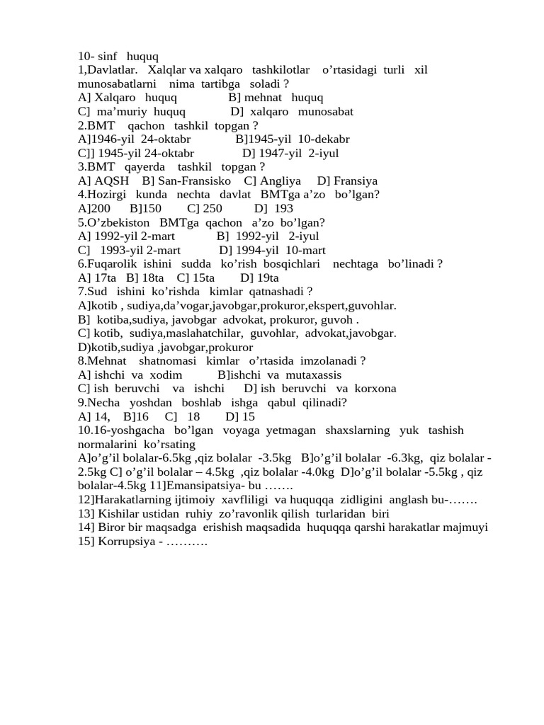 10 Sinf Huquq 4 Chorak Test | PDF