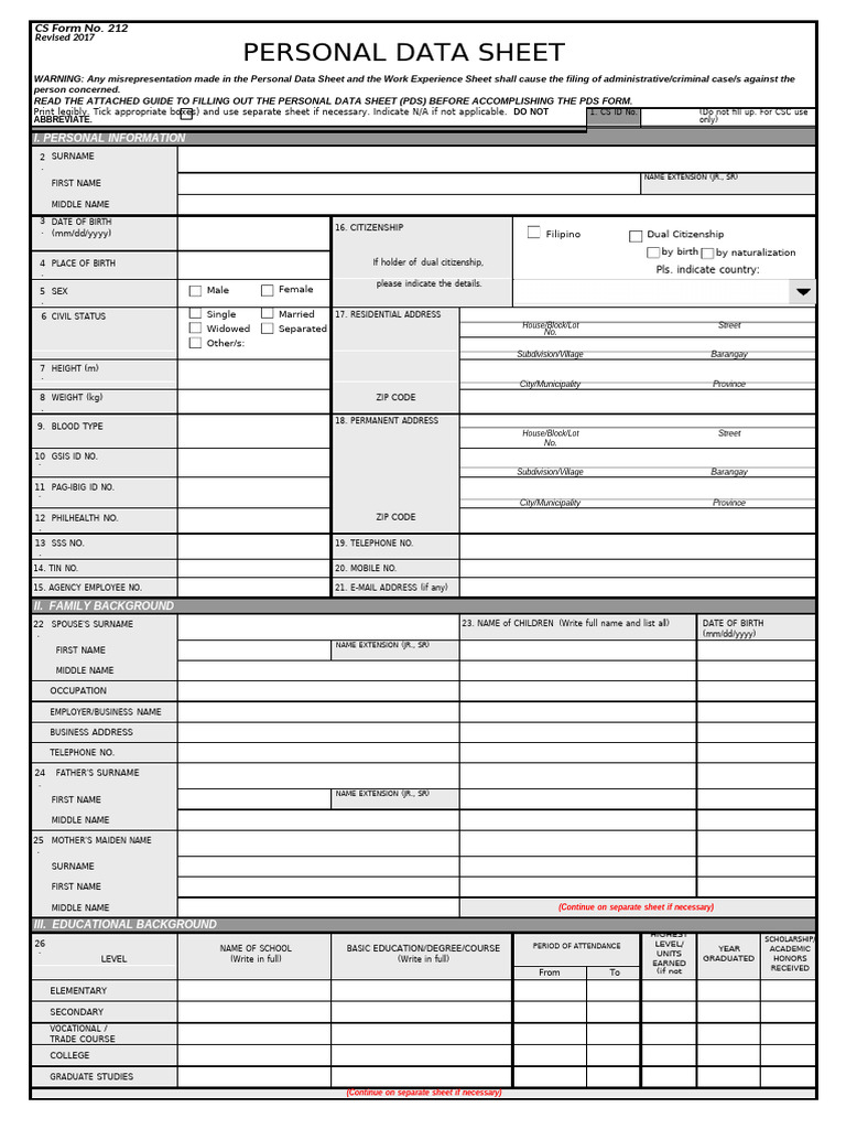 Personal Data Sheet CS Form No. 212 Revised 2017876 | PDF | Government ...