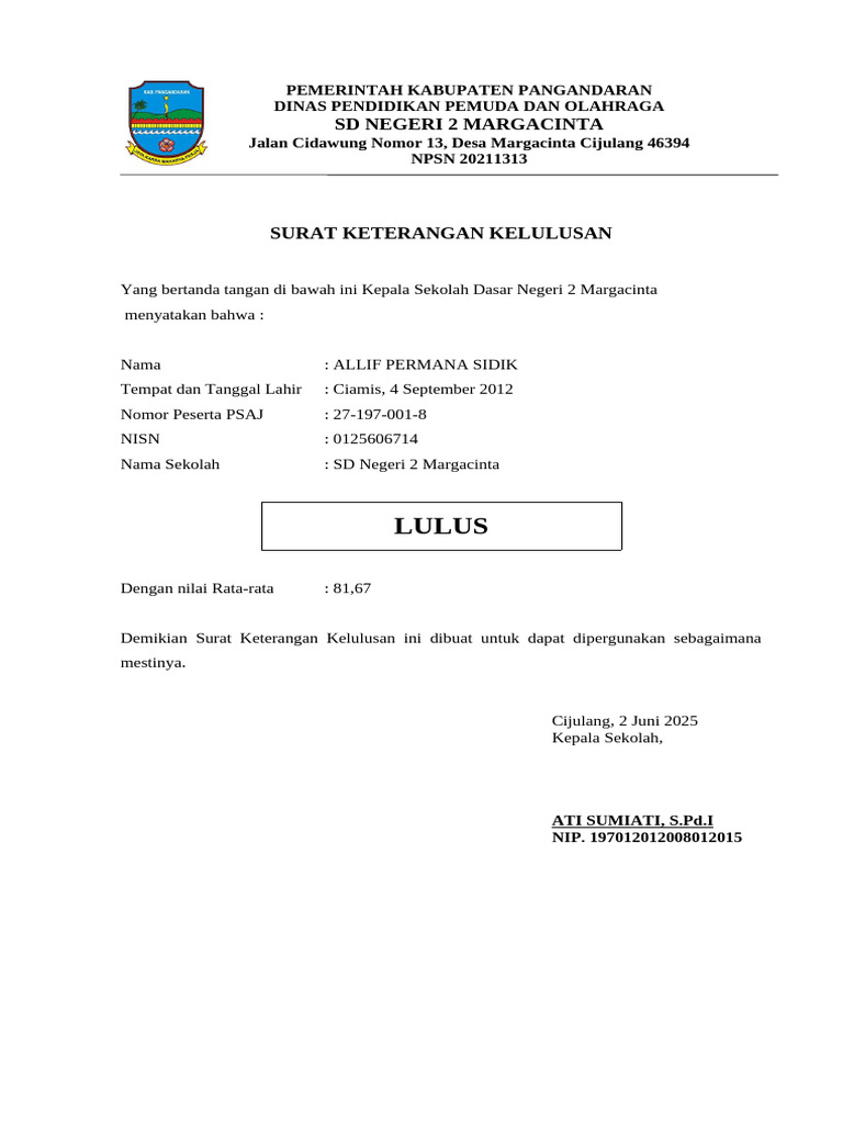 Surat Keterangan Kelulusan | PDF