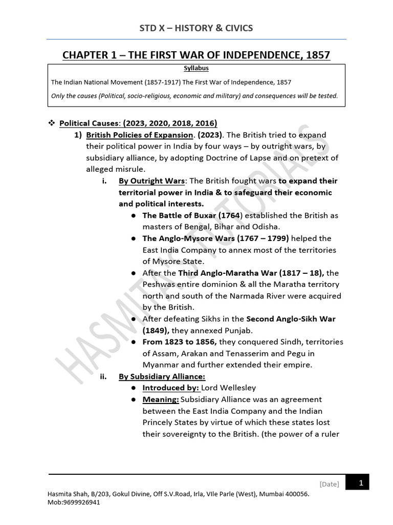 Hist - Chap 1 - First War of Independence - Notes | PDF | Indian ...