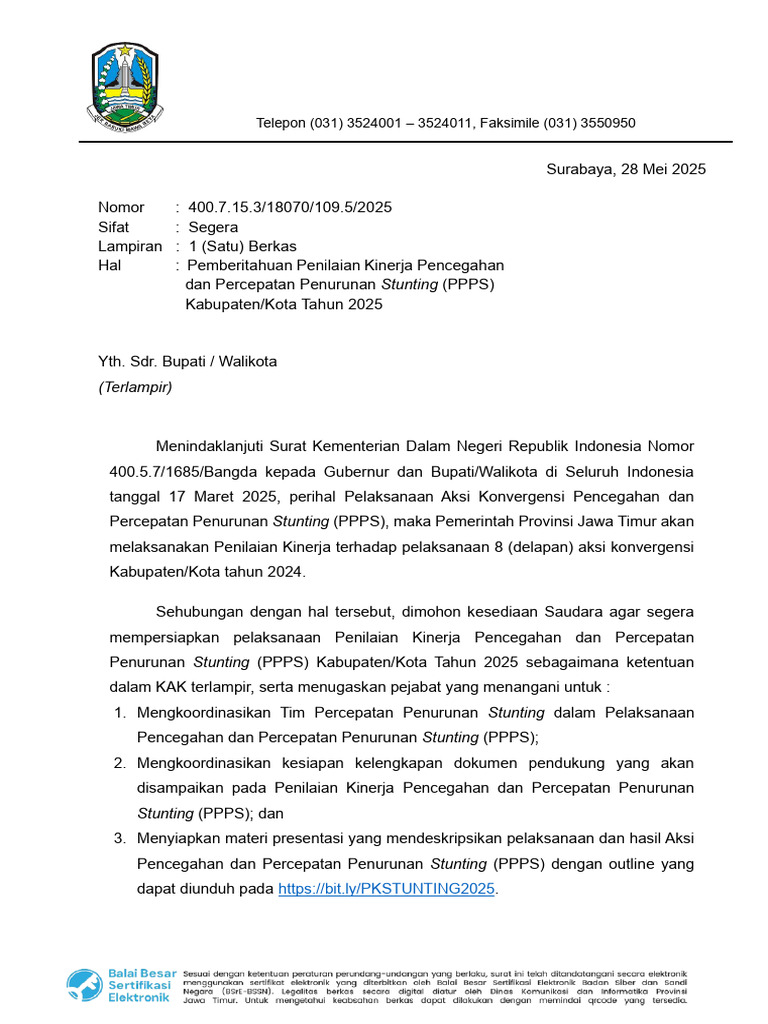 Surat Sekda - Pemberitahuan PK Stunting Tahun 2025 - Signed | PDF