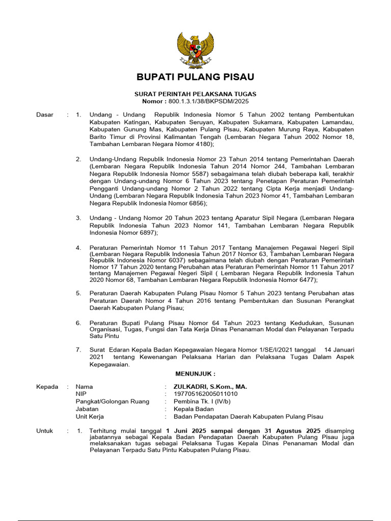 SK PLT Kepala DPMPTSP TMT 1 Juni 2025 SD 31 Agustus 2025 | PDF