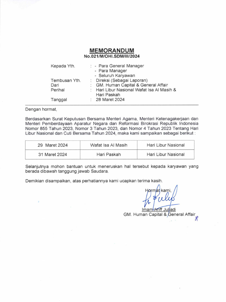 Memo 021 - Hari Libur Nasional Wafat Isa Al Masih & Hari Paskah | PDF