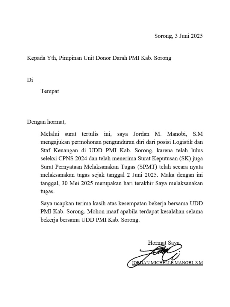 Permohonan Pengunduran Diri Jordan M. Manobi | PDF
