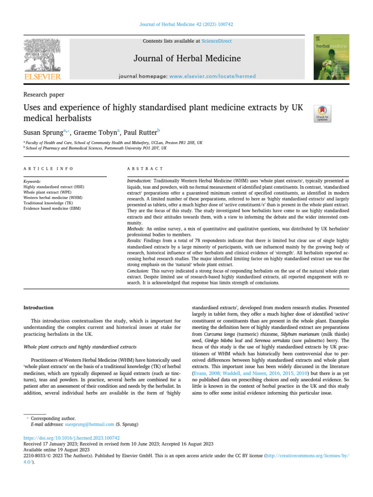 Uses and Experience of Highly Standardised Plant Medici 2023 Journal of ...