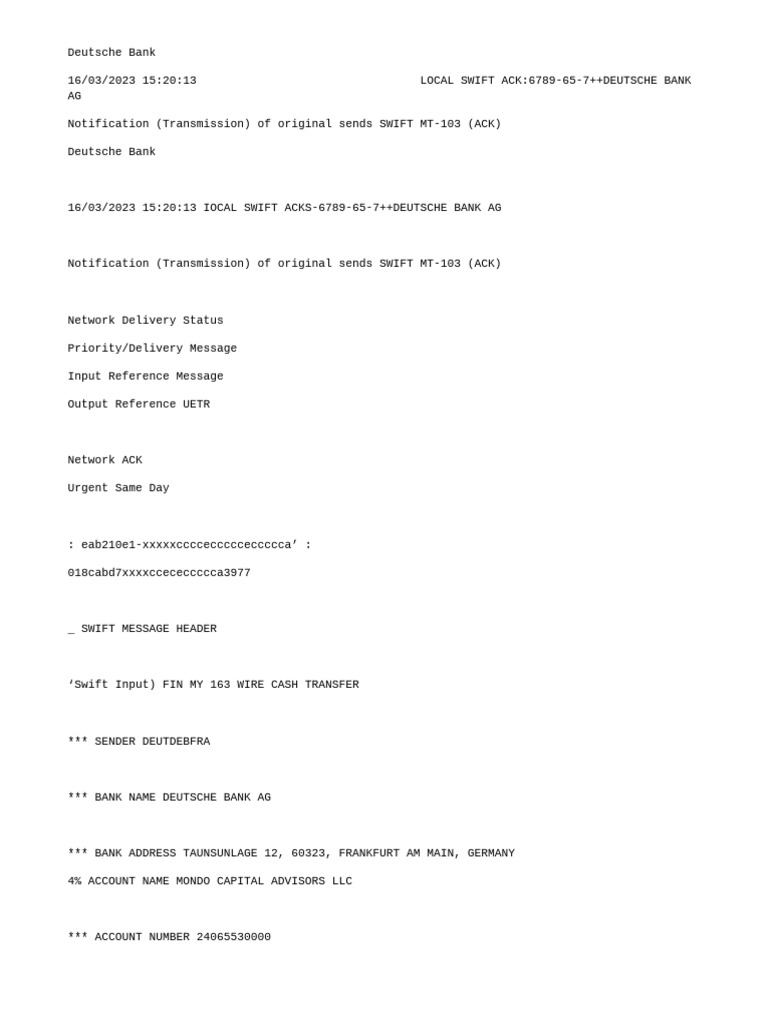 Deutsche Bank MT-103 Transfer Notification | PDF | Wire Transfer ...