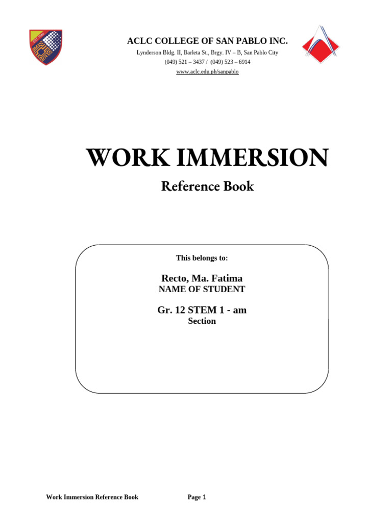 Work Immersion Reference Book Guide | PDF | Social Psychology
