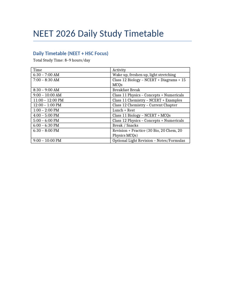 NEET 2026 Study Timetable April May | PDF | Physics | Chemistry
