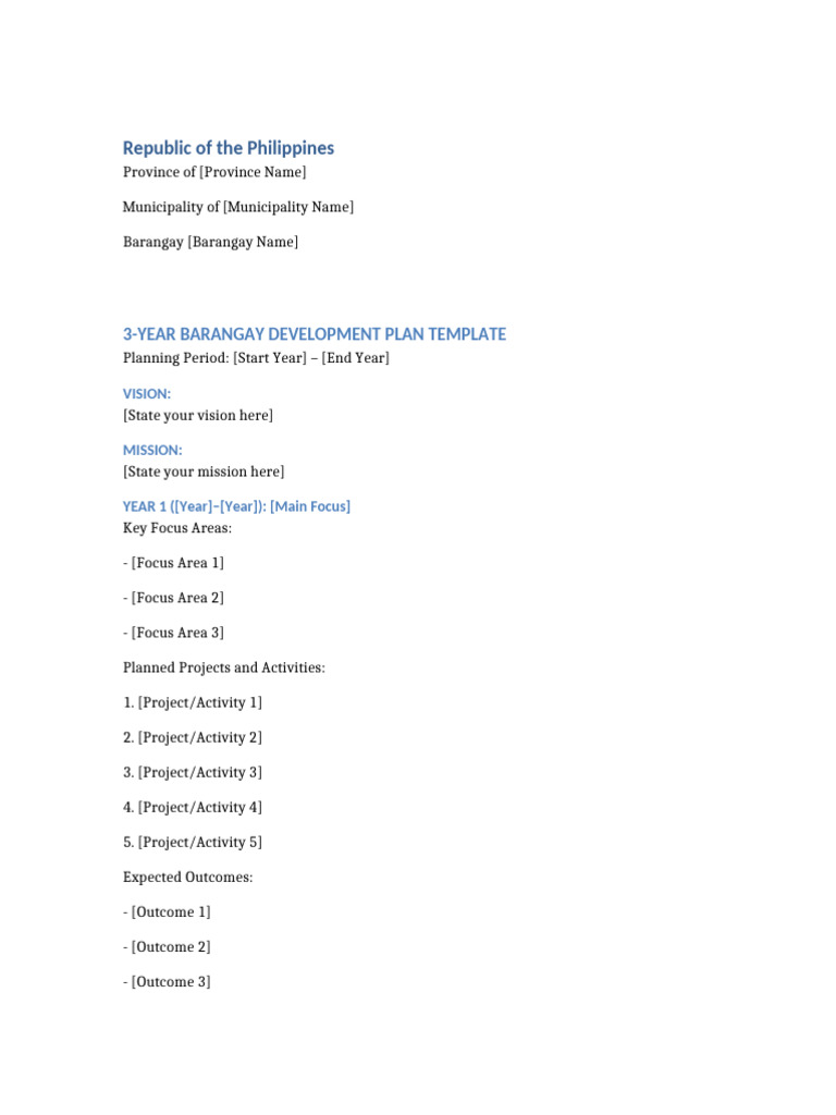 3-Year Barangay Development Plan Template | PDF