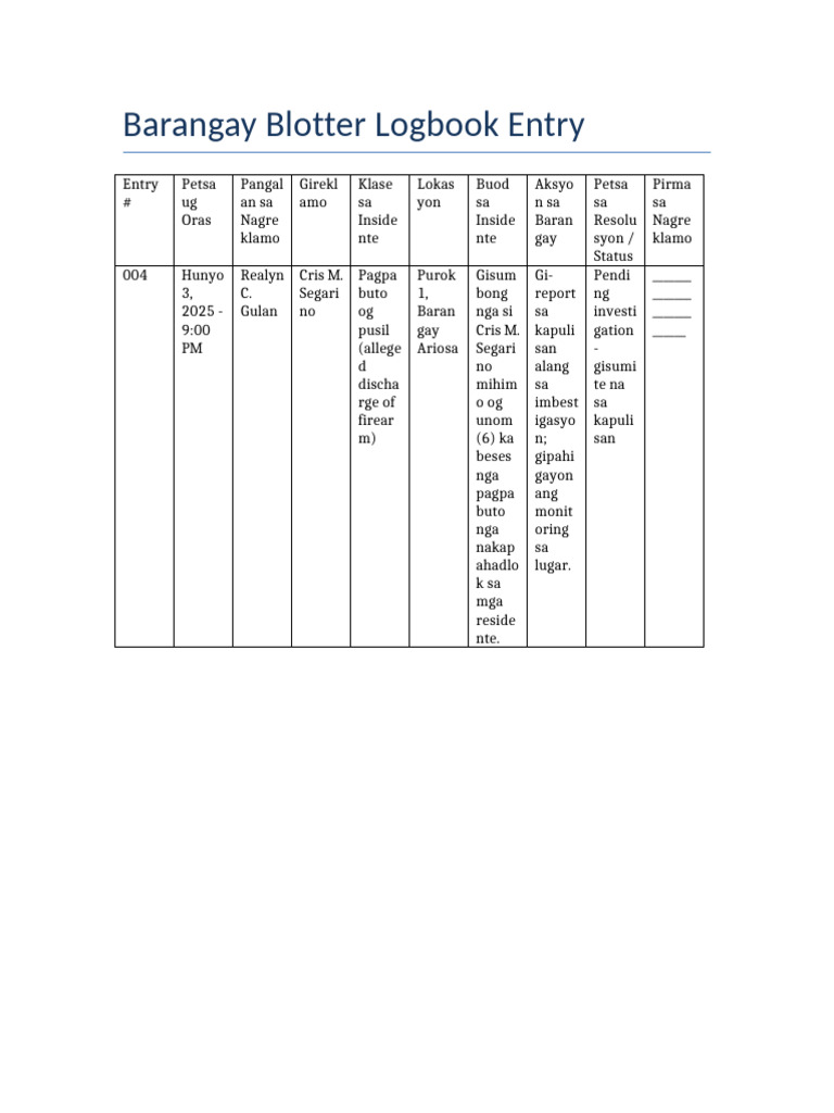 Blotter Logbook Entry 004 | PDF