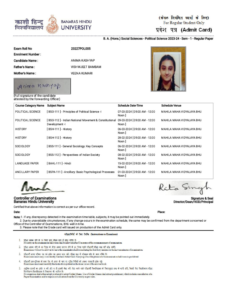 BHU Political Science Exam Schedule 2024 | PDF