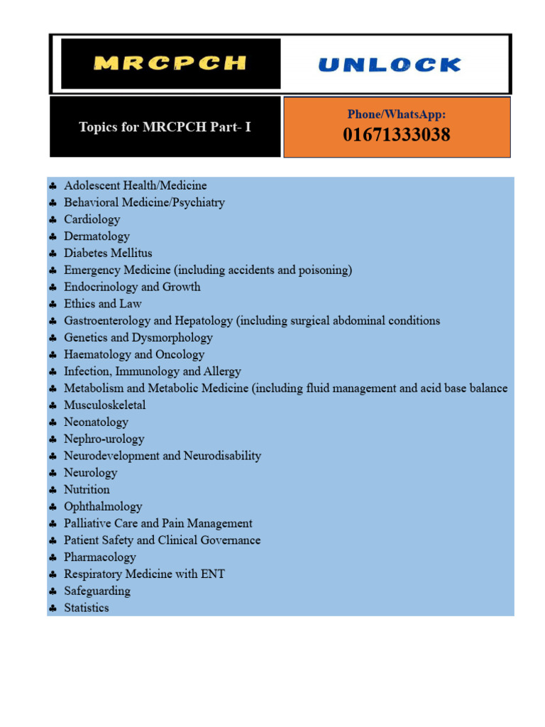 Topics For MRCPCH Part I | PDF