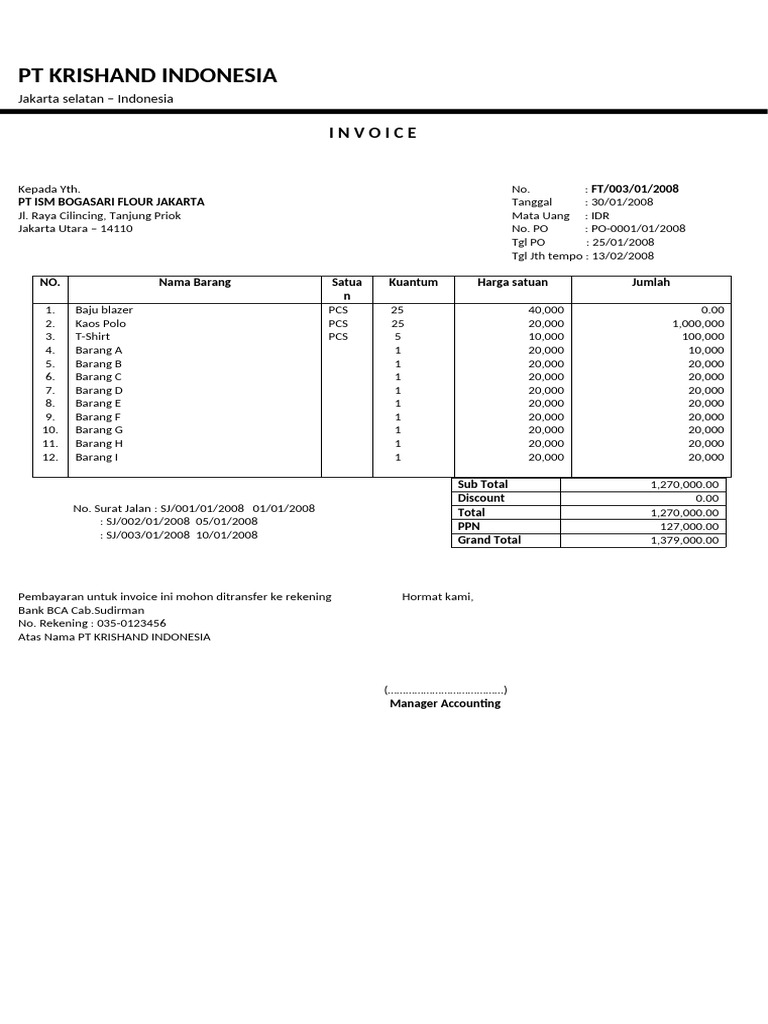 Contoh Invoice PT Krishand Indonesia | PDF