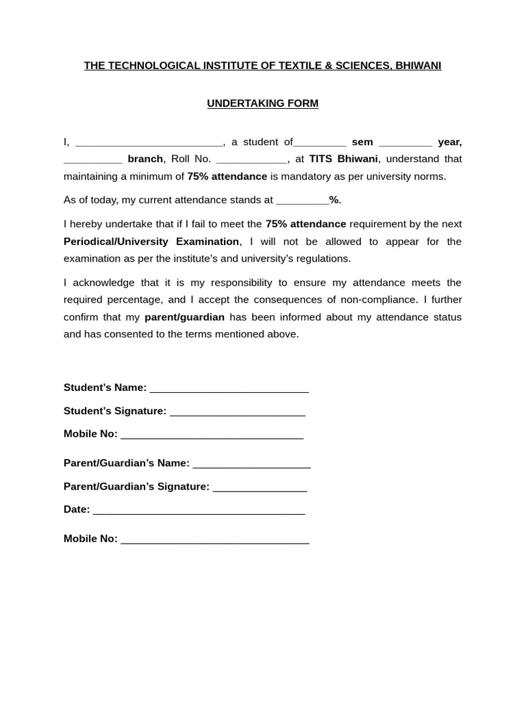 Undertaking For Short Attendance | PDF