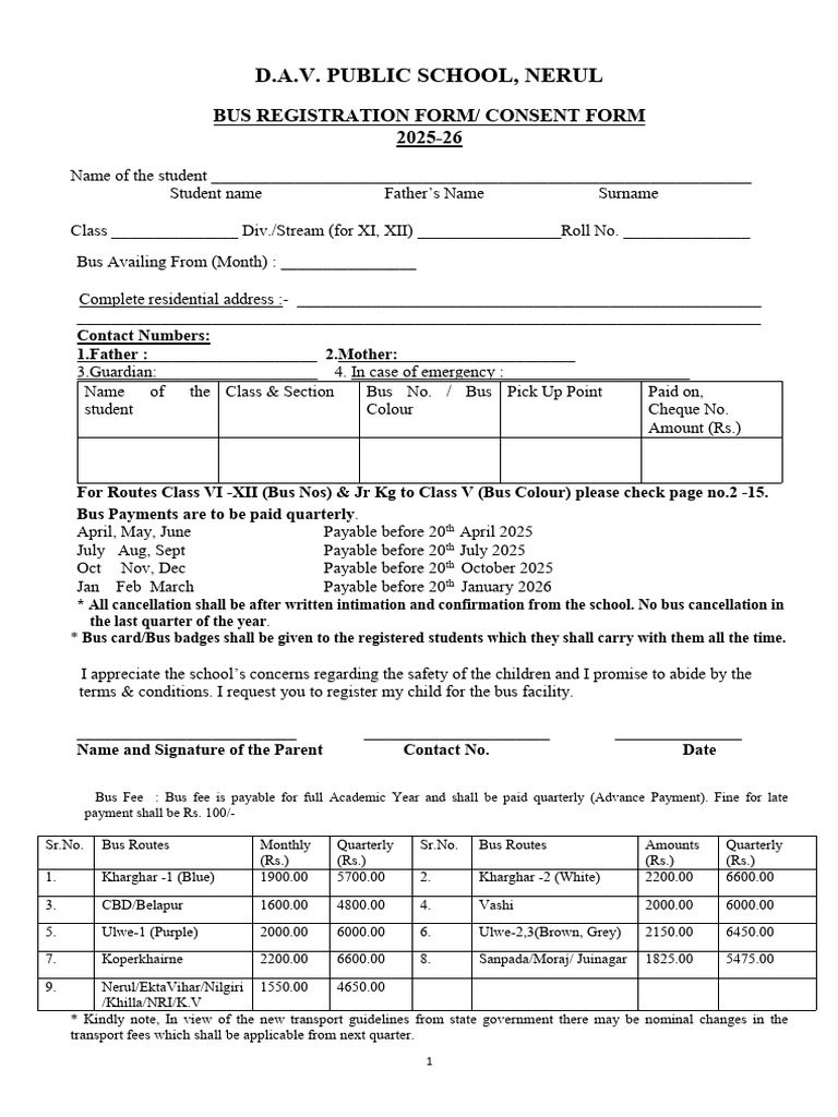 BUS REGISTRATION FORM 2025-26 | PDF