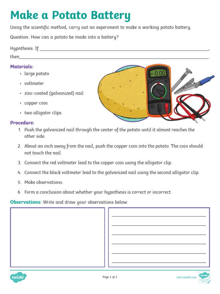 Create a Potato Battery Experiment | PDF | Experiment | Electricity