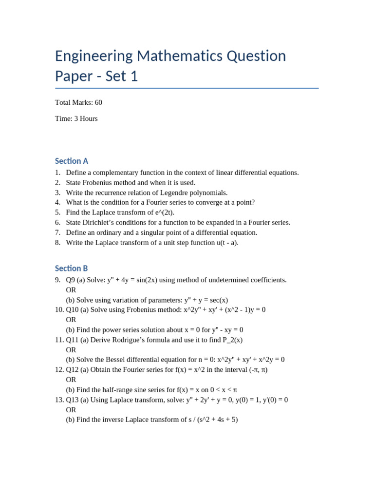 Engineering Mathematics Question Papers | PDF | Fourier Series | Equations