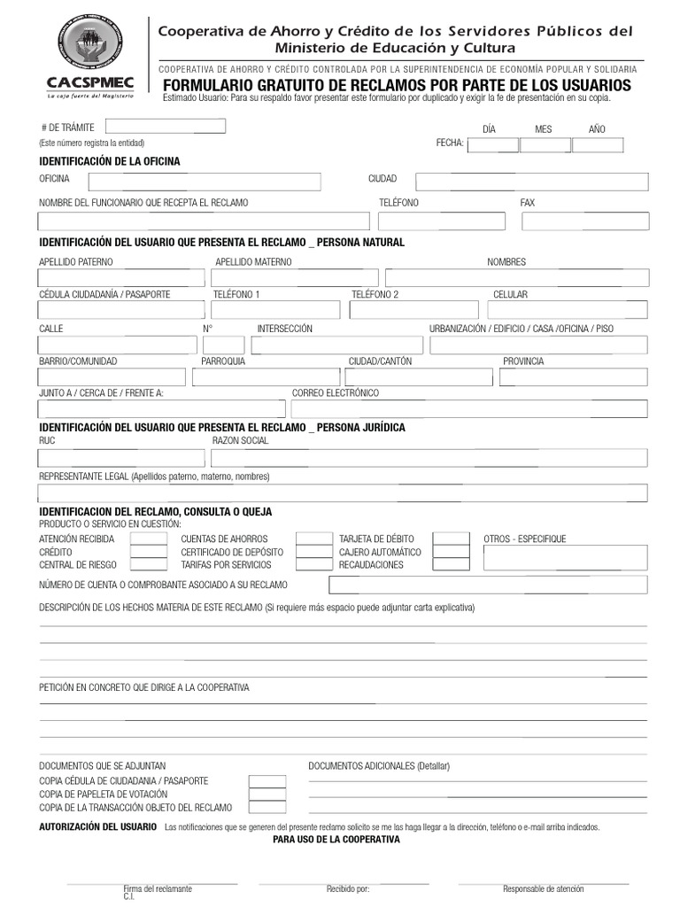 Formulario de Reclamos para Socios - 2022 | PDF | Cooperativa | Tarjeta ...