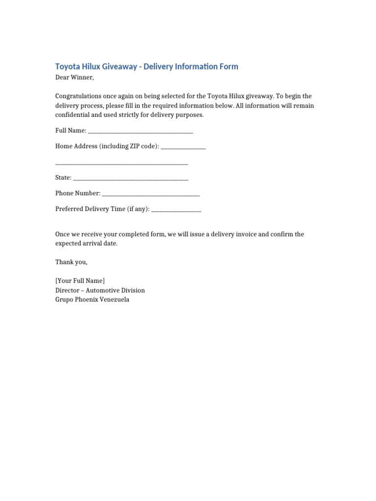 Hilux Delivery Form | PDF