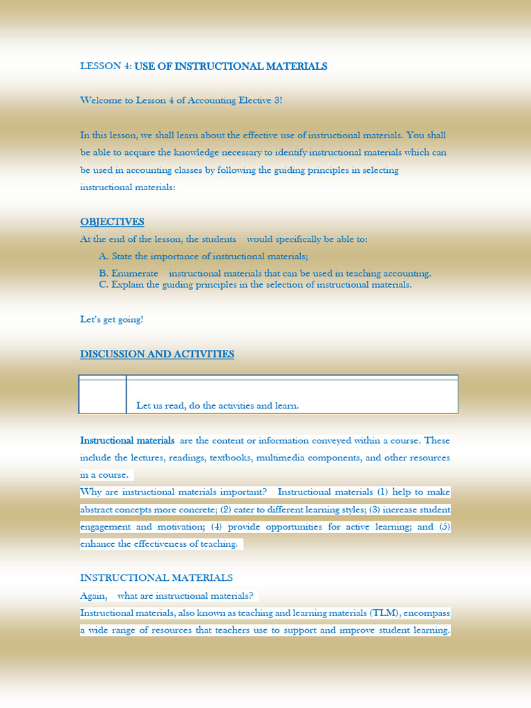 Lesson 4 - Pmta - Use of Instructional Materials | PDF | Learning | Idea