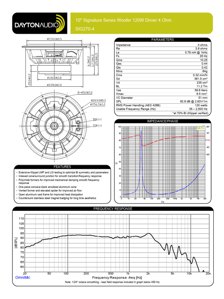 295 658 Dayton Audio Sig270 4 Specification Sheet | PDF | Electrical Engineering | Sound Technology