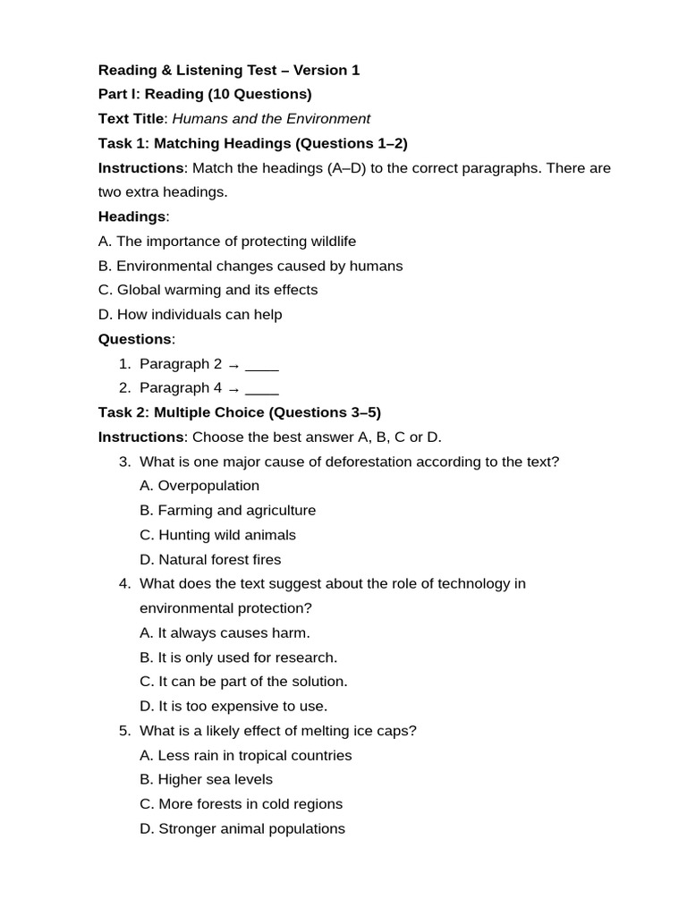Reading & Listening Test: Environment Focus | PDF | Deforestation ...