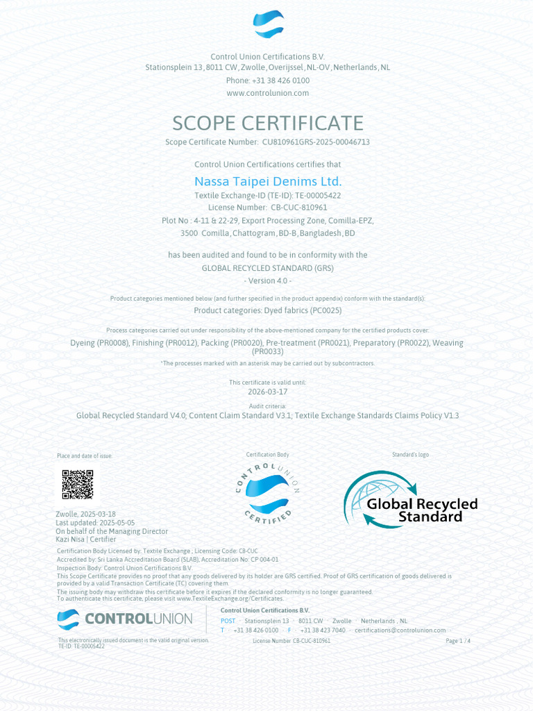 GRS Scope Certificate 2025-05-05 10-44-10 UTC | PDF | Textiles | Fibers