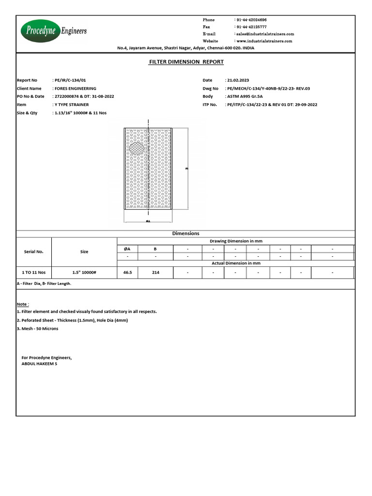 Filter Dimension Report PO 134 | PDF