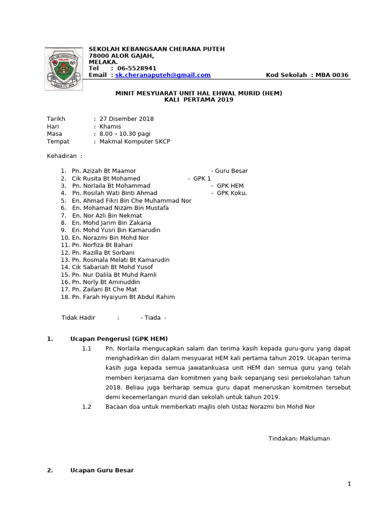 Minit Mesyuarat Hem Ke-1 | PDF