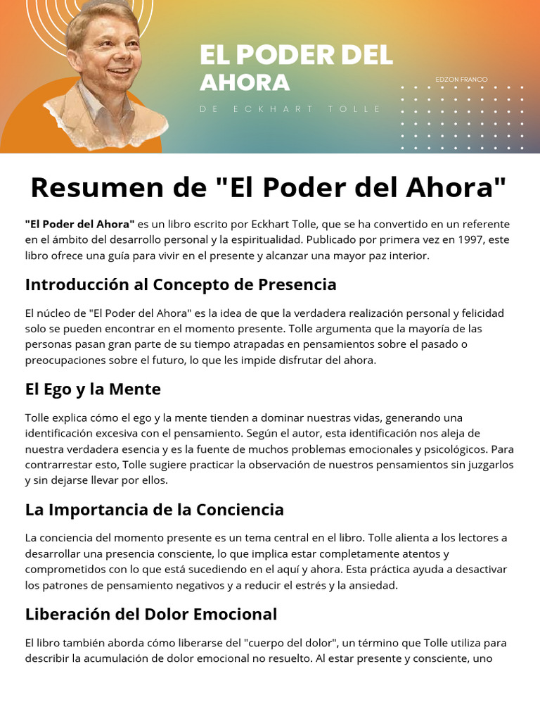 El Poder Del Ahora de Eckhart Tolle | PDF | Pensamiento | Las emociones
