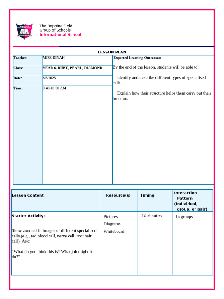 Year 6 Lesson Plan on Specialized Cells | PDF | Cell (Biology) | Cognition