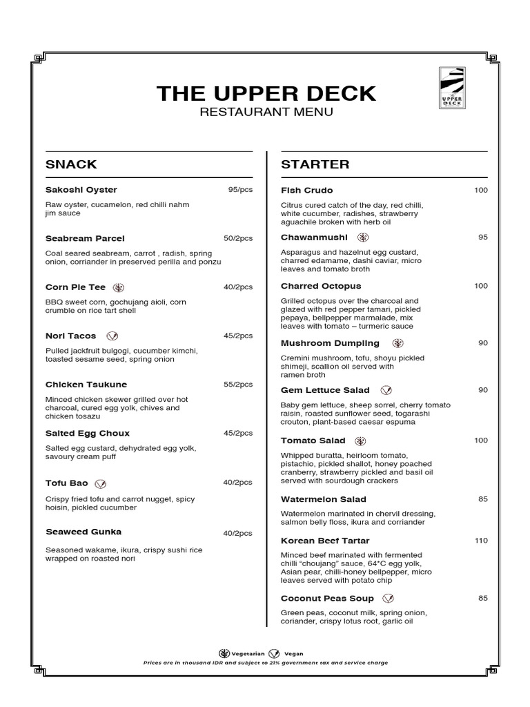 Upper Deck Ubud Restaurant Menu | PDF | Sauce | Pickling