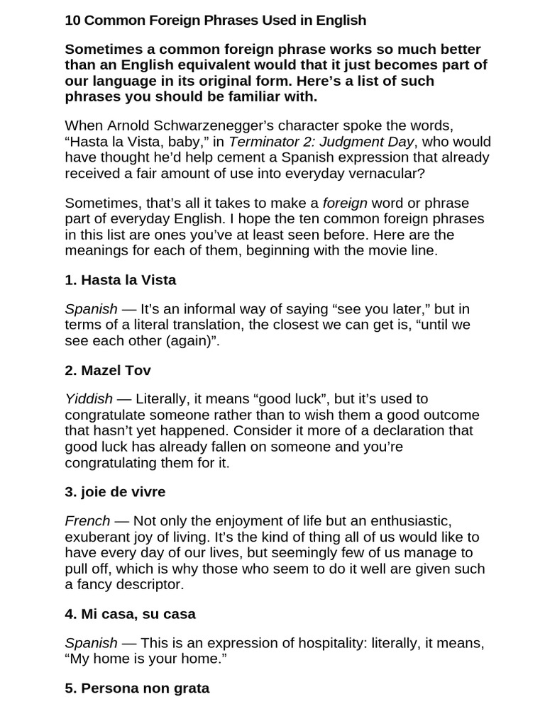 10 Common Foreign Phrases Used in English | PDF