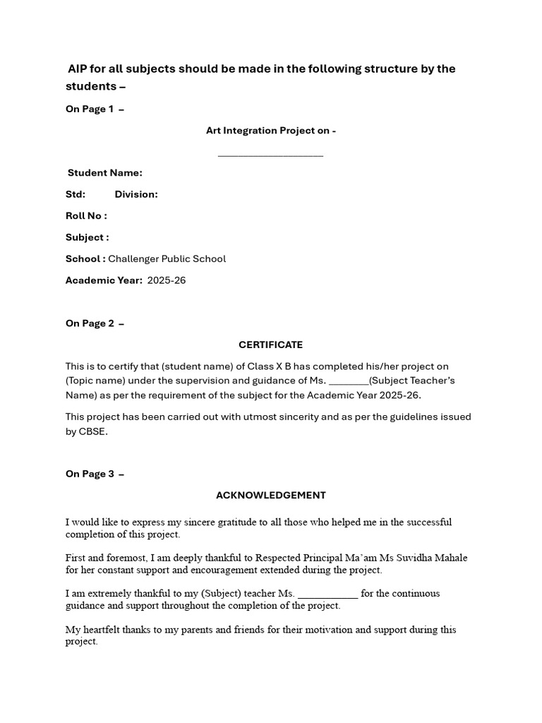 AIP For All Subjects Should Be Made in The Following Structure by The ...