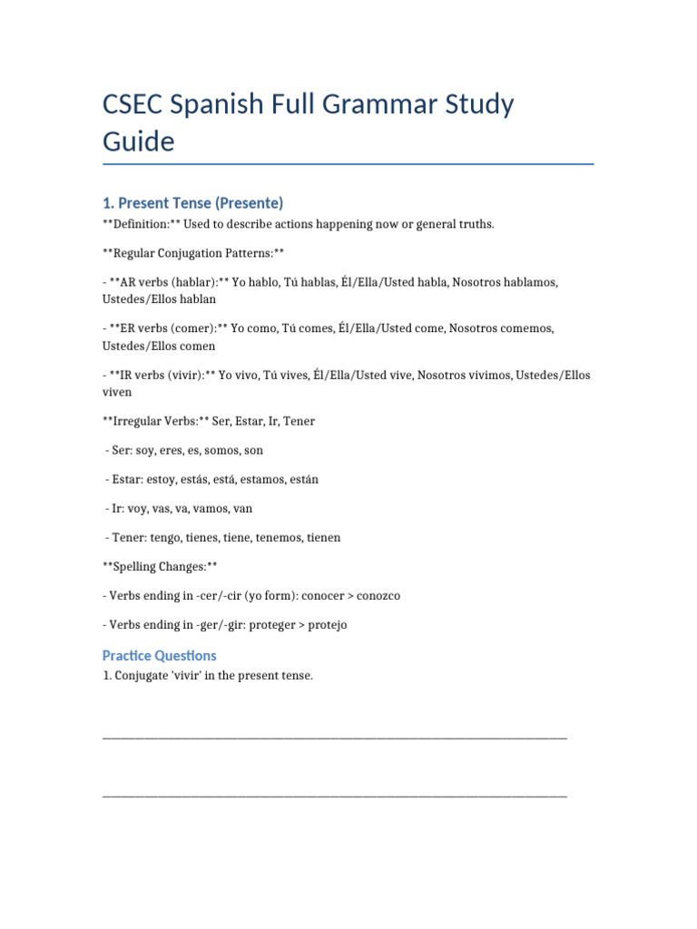 Guía de Gramática Española CSEC | PDF