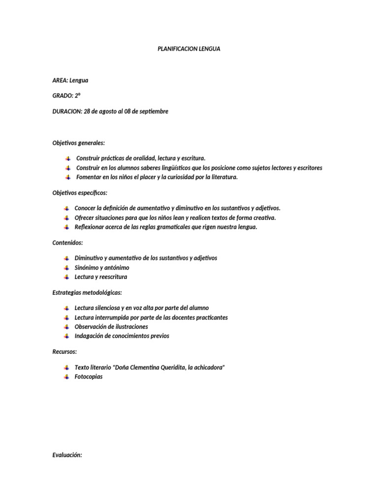 Planificación de Lengua 2° Grado: Aumentativos y Diminutivos | PDF ...