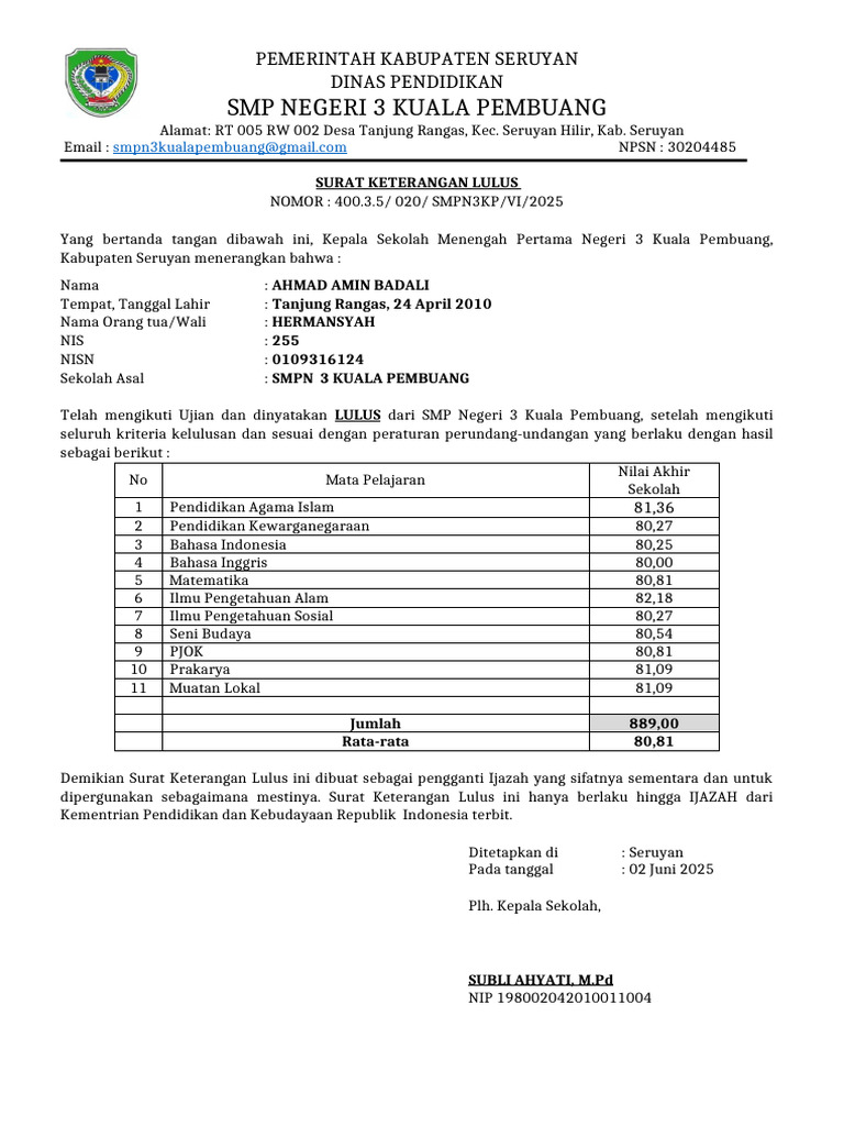Surat Keterangan Lulus SMP 2025 | PDF