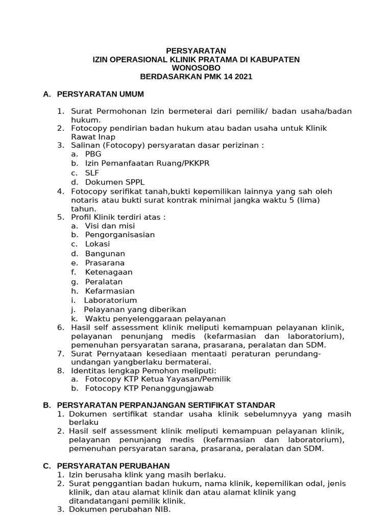 Checklist Persyaratan Izin Operasional Klinik | PDF