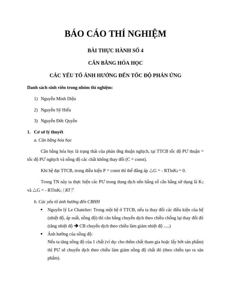 Nhóm 5 - Báo Cáo TN BTH4 - CBHH + Các Yếu Tố Ảnh Hưởng Tốc Độ PƯ | PDF